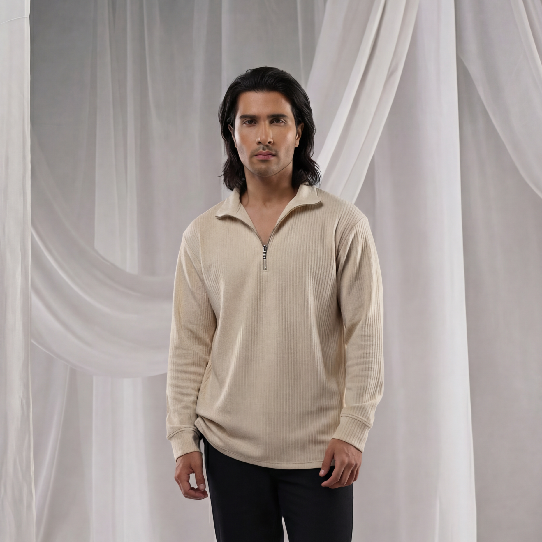 Beige Full Sleeves Quarter Zip – resaclothing